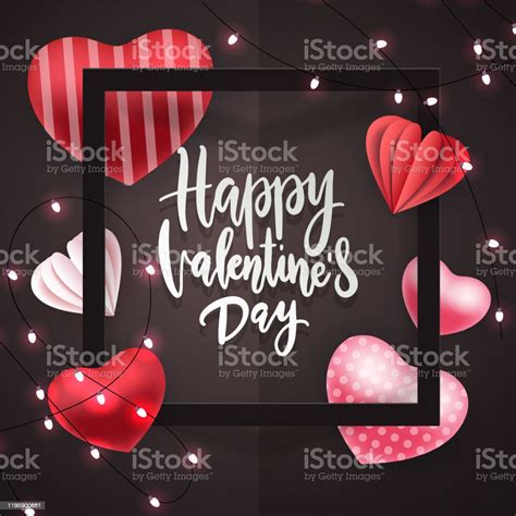 해피 발렌타인 데이 핸드 레터링 반짝이 조명 화환 볼륨 빨간 하트 사각형 프레임 검은 색 배경에 사실적인 3d 스타일의 벡터 일러스트레이션 2월에 대한 스톡 벡터 아트 및