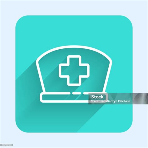 긴 그림자로 고립 된 크로스 아이콘흰색 선 간호사 모자 의료 간호사 모자 기호입니다 녹색 사각형 버튼입니다 벡터 일러스트레이션 1위에 대한 스톡 벡터 아트 및 기타 이미지