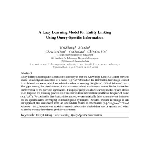 A Lazy Learning Model For Entity Linking Using Query Specific