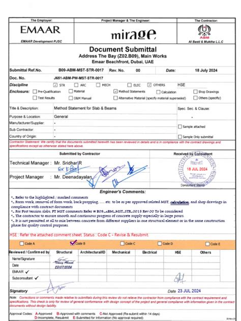 B09 Abm Mst Str 0017 Rev00 Method Statement For Slab And Beams Code B Pdf Civil Engineering
