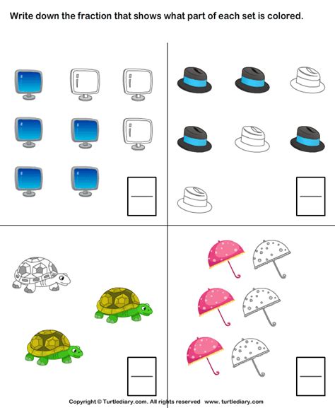 Write Fraction Showing The Colored Part Turtle Diary Worksheet