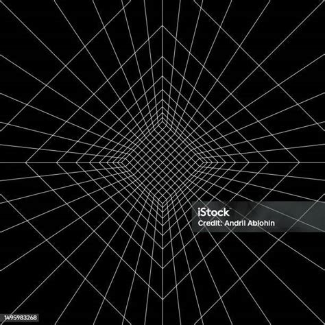 검은색 배경에 원근감 있는 정사각형 방 흰색 와이어프레임 복도 스튜디오 포털 또는 박스 그리드 구조 엔지니어링 아키텍처 또는