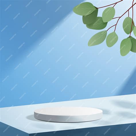 기하학적 형태의 추상 최소한의 장면 잎 파란색 배경에서 실린더 연단입니다 프리미엄 벡터