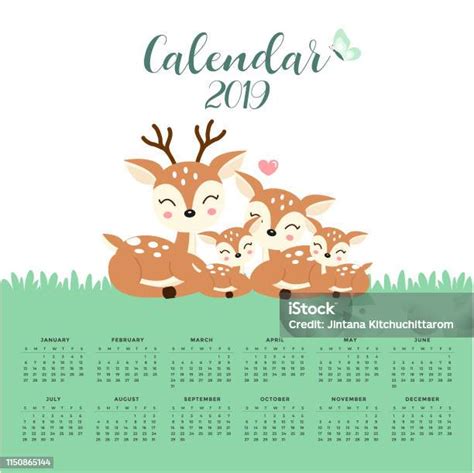 달력 2019 귀여운 사슴 가족과 함께 손으로 그린 벡터 일러스트 0명에 대한 스톡 벡터 아트 및 기타 이미지 0명 2019년 갈색 Istock