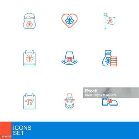 세트 라인 레프리콘 부츠 달력이 있는 성 패트릭의 날 머니 백 클로버 모자 아일랜드 국기 및 하트 트레포일 잎 아이콘 벡터 0명에 대한 스톡 벡터 아트 및 기타 이미지