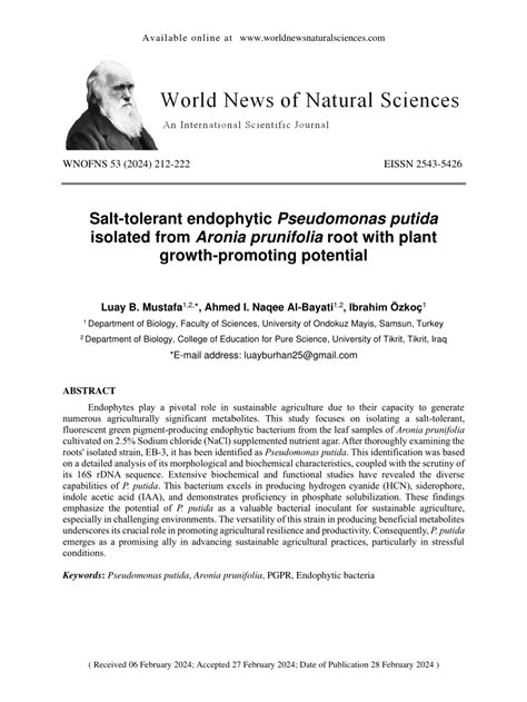 Pdf Salt Tolerant Endophytic Pseudomonas Putida Isolated From Aronia Prunifolia Root With