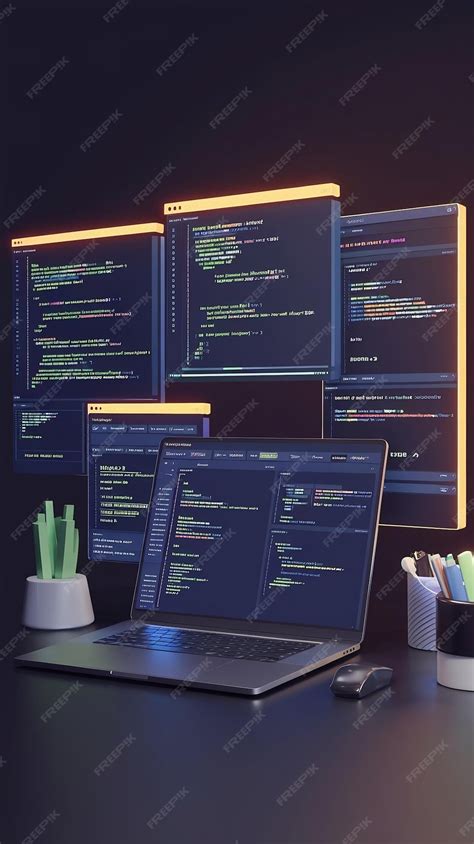 3d Render Software Backend Mock Up With Different Windows With Code