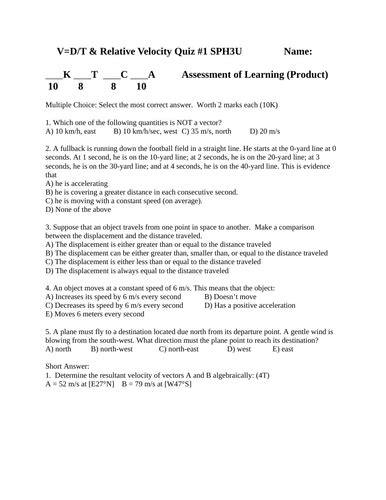 Relative Velocity Quiz Resultant Velocity Physics Quiz With Answers Sph3u 13 Teaching Resources