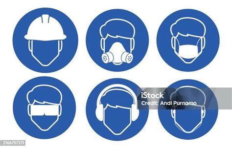 번들 절연 파란색 원 머리 보호 표시 헬멧 구글 귀 컵 마스크 인공 호흡기 필수 Mandate에 대한 스톡 벡터 아트 및 기타 이미지 Mandate 건설 산업 경계