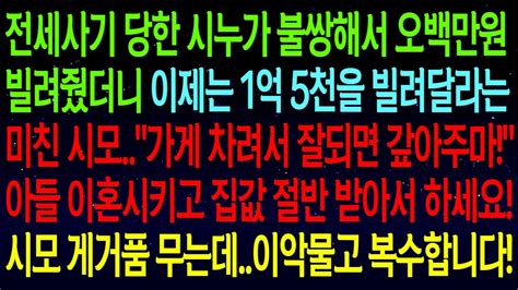 【사연열차①】전세사기 당한 시누가 불쌍해서 오백만원 빌려줬더니 이제는 1억 5천 빌려달라는 시모 아줌마아들 이혼시키고 집값 절반 받아서 하세요 시모 게거품 무는데