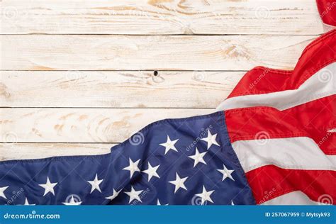 Flat Lay Usa Flag On White Wooden Board Vintage Background With Copy