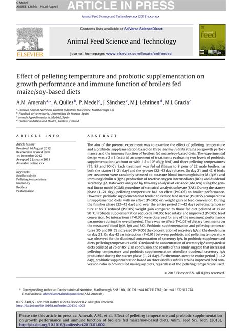 Pdf Effect Of Pelleting Temperature And Probiotic Supplementation On Growth Performance And
