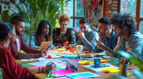 A Creative Team Collaborates In A Vibrant Workspace Engaging In