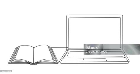 컴퓨터 노트북 책 커피 한 잔의 연속적인 선 그리기 공부 공간 책상 개념 단일 선 그리기 디자인 벡터 그림 책에 대한 스톡 벡터 아트 및 기타 이미지 Istock