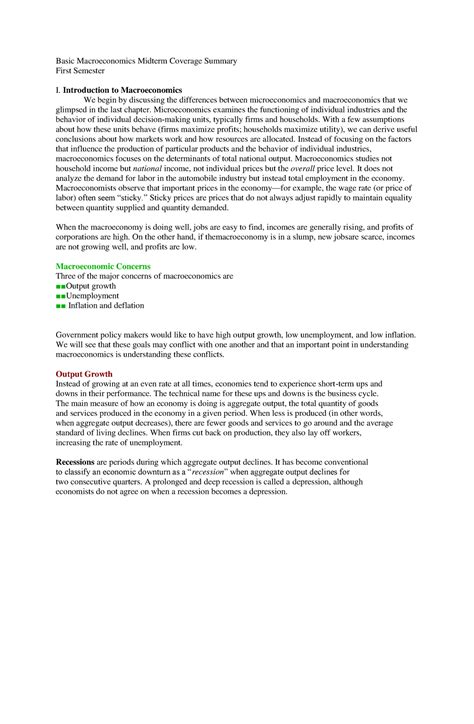 Basic Macroeconomics Midterm Review Basic Macroeconomics Midterm Coverage Summary First
