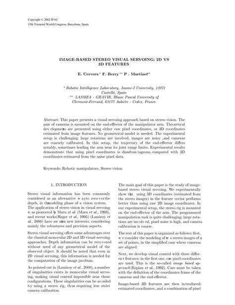 Pdf Image Based Stereo Visual Servoing 2d Vs 3d Features