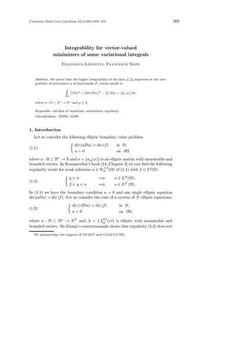 Pdf Integrability For Vector Valued Minimizers Of Some Variational Integrals