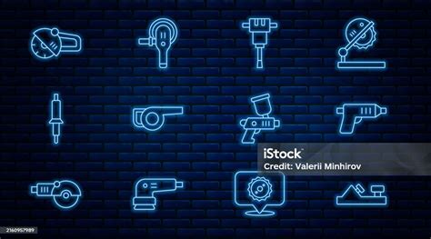 세트 라인 나무 비행기 도구 전기 무선 드라이버 건설 착암기 잎 정원 송풍기 납땜 인두 앵글 그라인더 페인트 스프레이 건 및 아이콘 벡터 각도에 대한 스톡 벡터 아트 및