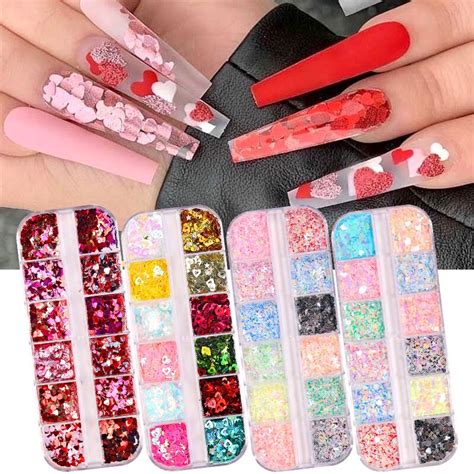 12gird Box 레이저 러브 하트 네일 스팽글 불규칙한 다채로운 나비 반짝이 네일 Flakies 3d 네일 아트 데코레이션 액세서리 Aliexpress