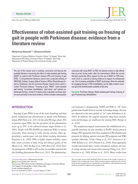 Pdf Effectiveness Of Robot Assisted Gait Training On Freezing Of Gait