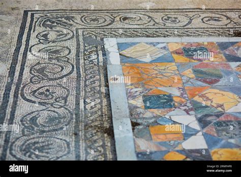 Ancient Marble Mosaics In Pompeii Roman Town Near Modern Naples