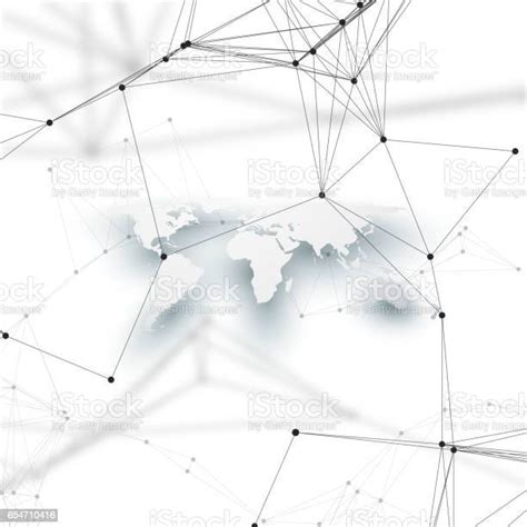 흰색에 그림자와 원근시 세계지도 추상 글로벌 네트워크 연결 기하학적 설계 기술 개념 배경 화학 패턴 분자 구조 연결 선 및 점