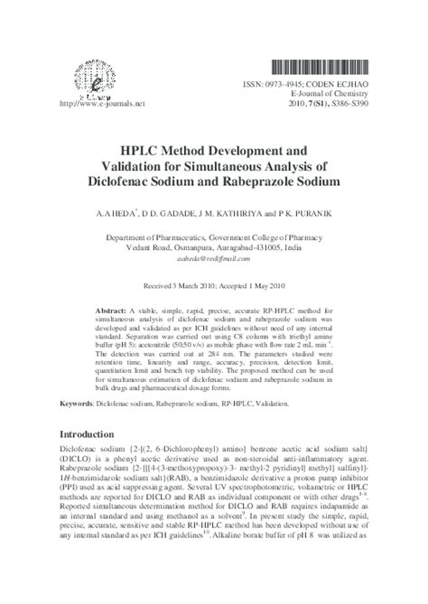 Pdf Hplc Method Development And Validation For Simultaneous Analysis Of Diclofenac Sodium And