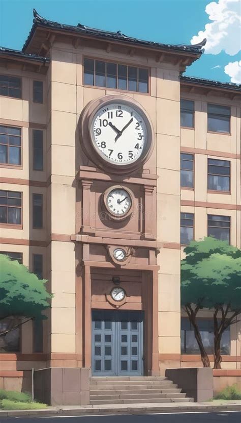 Japanese High School Facade Building With Time Clock In Traditional