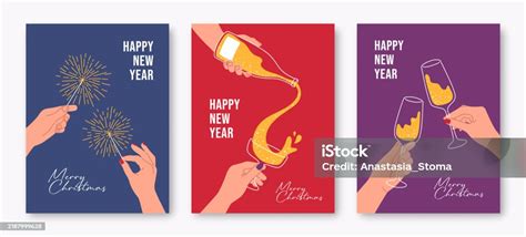 메리 크리스마스와 새해 복 많이 받으세요 카드 세트의 디자인 샴페인과 폭죽 잔을 들고 있는 손 축하를 위한 추상적인 다채로운 개념입니다 인쇄 포스터 배너에 대한 손으로 그린