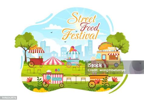 길거리 음식 축제 이벤트 벡터 일러스트레이션 여름에 사람과 푸드 트럭이 있는 플랫 만화 손으로 그린 템플릿의 야외 도시 공원