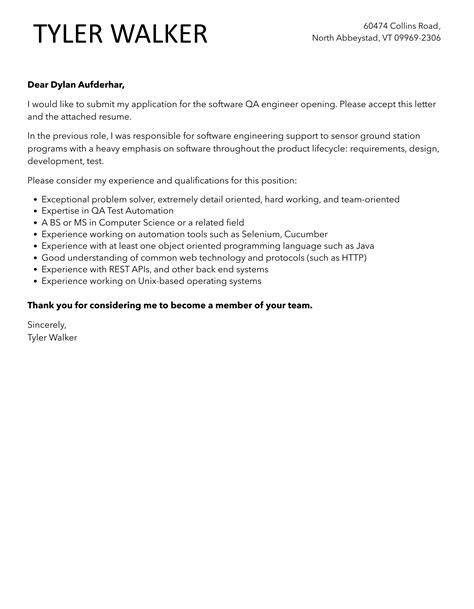 Software QA Engineer Cover Letter Velvet Jobs