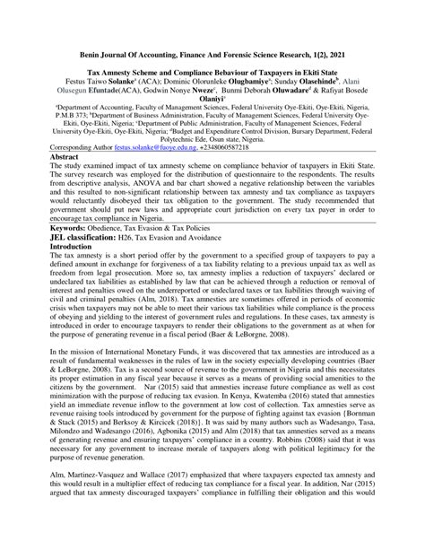 Pdf Tax Amnesty Scheme And Compliance Bebaviour Of Taxpayers In Ekiti State