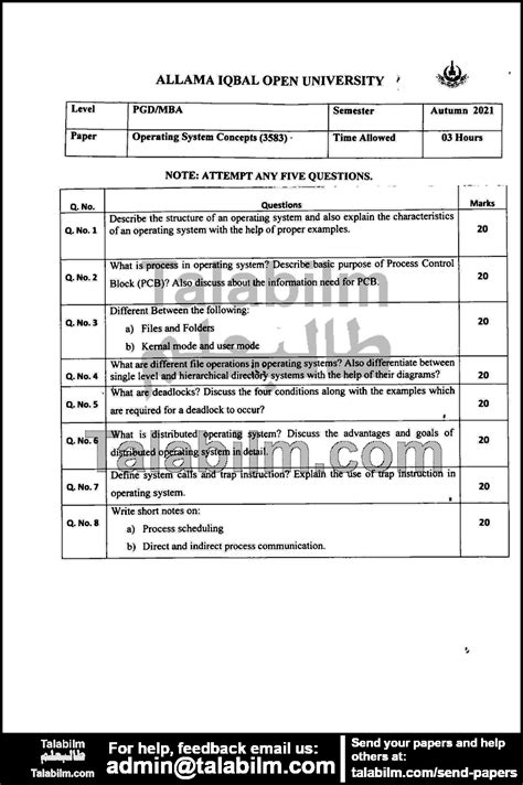 operating systems concepts code no 3583 autumn 2021 past papers aiou