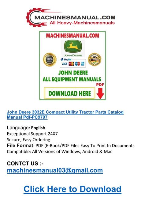 John Deere 3032e Compact Utility Tractor Parts Catalog Manual Pc9797