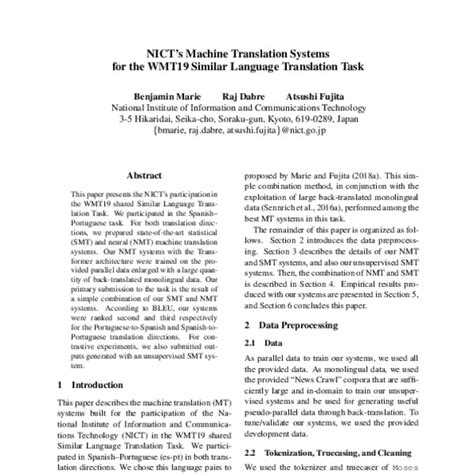 Nicts Machine Translation Systems For The Wmt19 Similar Language Translation Task Acl Anthology