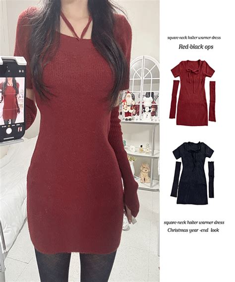 [연말룩🎄 워머세트🎄]레드 기모 초커 리본 스트링 스퀘어넥 앙고라 니트 긴팔 미니 원피스 투피스 워머세트 겨울 연말룩 크리스마스 홀터넥 에이블리