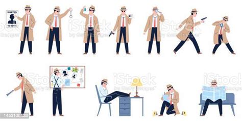 형사 캐릭터가 일하고 검사합니다 총과 돋보기를 보는 발자국을 가진 전문 형사 최근 만화 에이전트 또는 검사기 벡터 세트 형사에