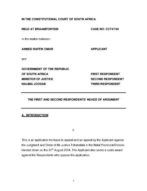 First And Second Respondents Heads Of Argument 3453 In The Constitutional Court Of South