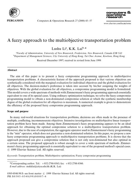 Pdf A Fuzzy Approach To The Multiobjective Transportation Problem