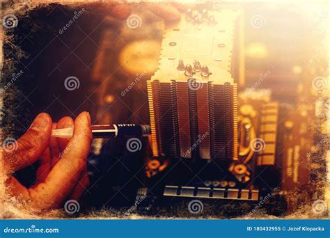 Repairman Repairs The Computer Removing The Computer Motherboard Old Photo Effect Stock Image