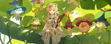 Lumine Piamon At The Top Of Tree Branch With Cute Creatures Genshin Impact K Wallpaper Download