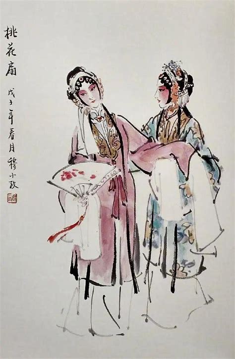 【聋人女画家穆小玫新派水墨戏剧人物】 ——《桃花扇》 她笔下的侠义名伎李香君，秦淮八艳，风姿绰约。为国为爱血溅桃花扇，可谓身入六朝风月场，一见