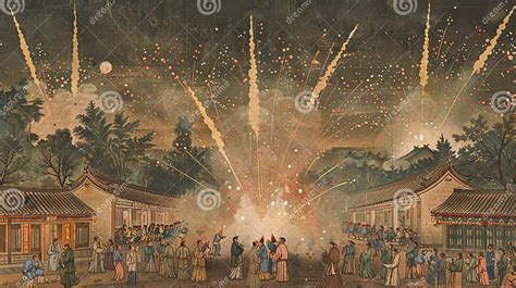 Celebrating With Color 18th Century Chinese Fireworks Spectacle Stock