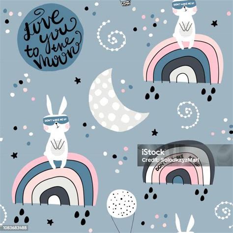 Slepping와 원활 하 게 유치 한 패턴 레인 보우 달 별이 빛나는 하늘에 토끼 포장 섬유 벽지 의류 직물에 대 한 크리에이 티브 아이 텍스처 벡터 일러스트 레이 션 0