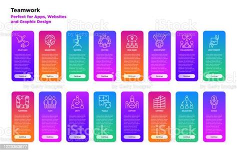 얇은 라인 아이콘 세트와 팀워크 모바일 사용자 인터페이스 릴레이 경주 브레인 스토밍 성공 회의 아이디어 공유 공동 프로젝트 단결 지원 위임 현대 벡터 그림입니다 개발에 대한