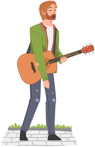 어쿠스틱 기타를 연주하는 스트리트 남성 뮤지션 라이브 퍼포먼스 컨셉 만화 스타일 벡터 일러스트레이션 거리에 대한 스톡 벡터 아트