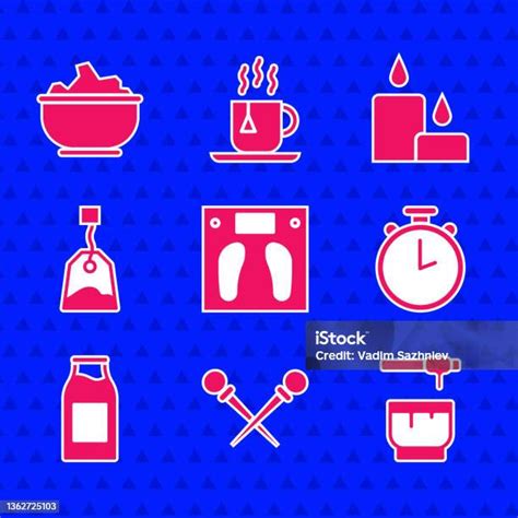 욕실 비늘 뜨개질 바늘 꿀 디퍼 스틱과 그릇 스톱워치 우유 티백 불타는 촛불 및 바다 소금 아이콘을 설정합니다 벡터 0명에 대한 스톡 벡터 아트 및 기타 이미지 Istock