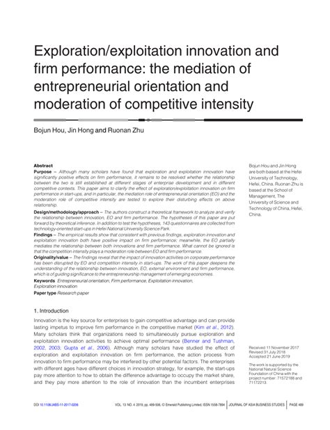 Pdf Explorationexploitation Innovation And Firm Performance The Mediation Of Entrepreneurial