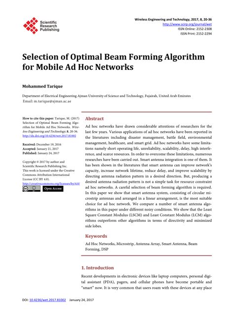 pdf selection of optimal beam forming algorithm for mobile ad hoc networks