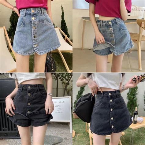 Lucky Stars พร้อมส่ง กางเกงกระโปรงยีนส์เอวสูงทรงเอ มีสองสีให้เลือก สไตล์เกาหลี ผ้ายีนส์แท้